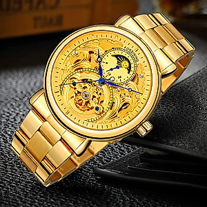 Tiong Mens Skeleton Automatic Mechanical Watch Golden Vintage Moon Phase Steel Male Wristwatch