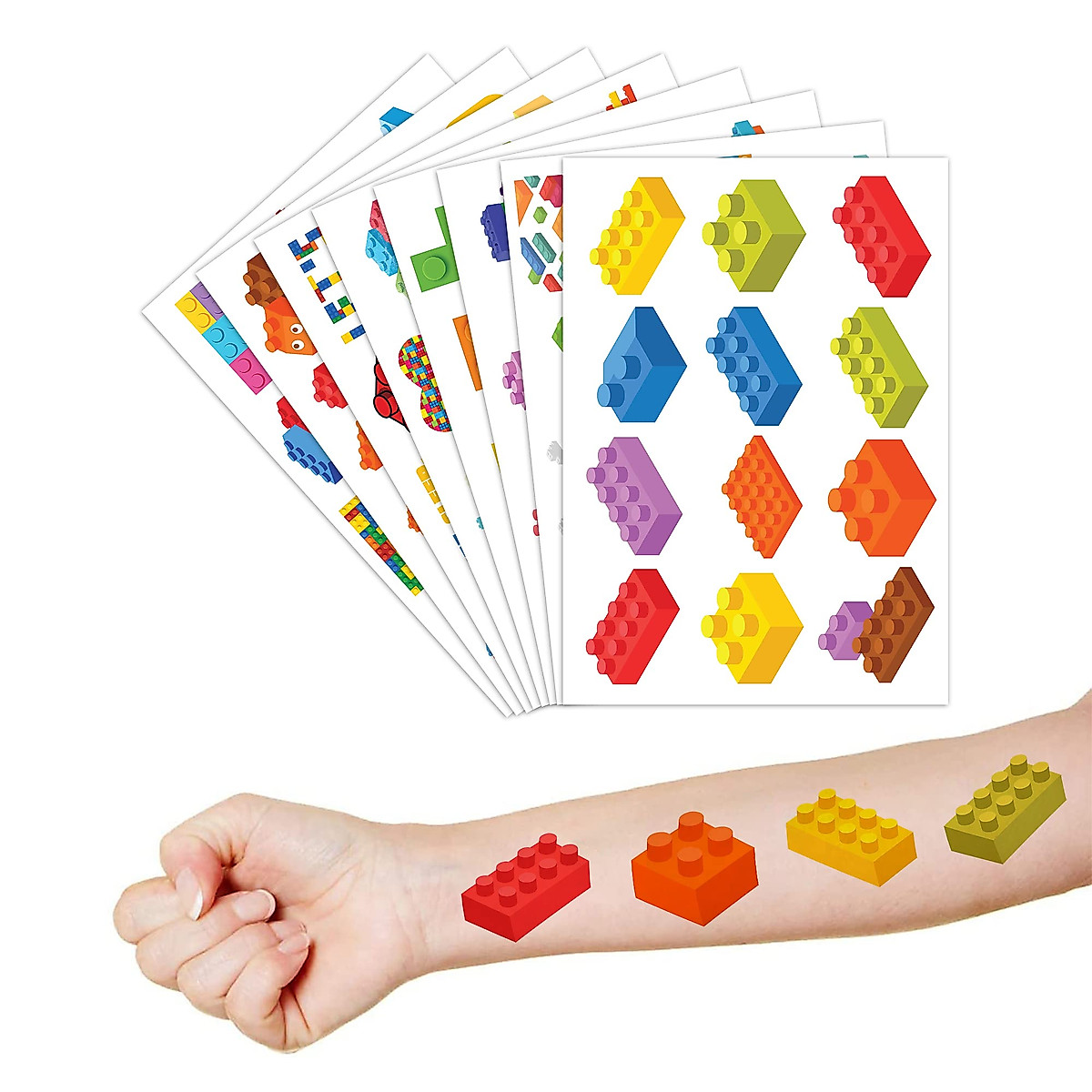 96PCS Building Block Temporary Tattoos Birthday Party Supplies Decorations Tattoos Stickers Super Cute Party Favors Kids Girls Boys Gifts Classroom School Prizes Rewards Themed