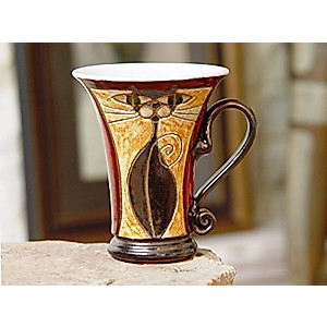 Pottery Coffee Mug, Cat Mug, Red Mug with Unique Hand Painted Decoration