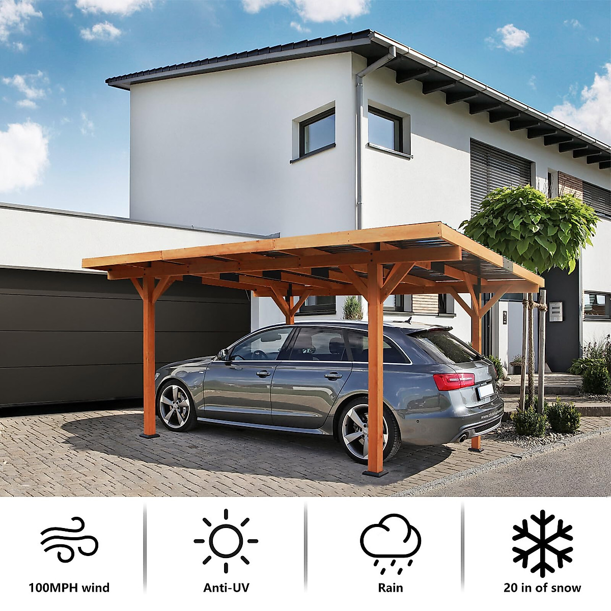 Beneouya 18.3 x 12.6 x 7.8 FT Heavy Duty Wooden Carport, Outdoor Carport Garage Shelter with Steel Roof, Hardtop Gazebo Pergola for Parking Vehicles, Boats on Patio, Garden