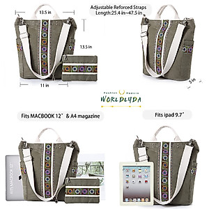 Worldlyda Women Canvas Tote Purse Large Retro Shoulder Bag Casual Crossbody Hobo Top Handle Handbags with Embroidery Ethnic(Oliver Green)