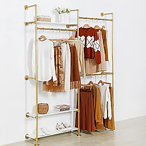EDCB Modern Simple Industrial Pipe Clothing Rack Wall Mounted Hanging Rods Garment Bar with Shelves, Heavy Duty Garment Rack for Boutiques Retail Display (Glod, 92.1X76.8inch)
