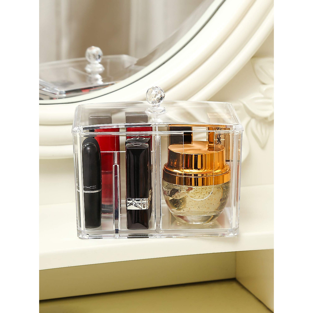 MOOCHI Q-Tips Cotton Swab Holder Makeup Pads Sponge Lipstick Container with Lid Acrylic 2 Trays Bathroom Bedroom Organizer