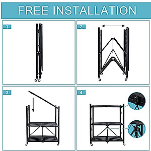 Karlling Storage Shelves with Wheels,3 -Tier Foldable Heavy Duty Shelves Kitchen Organizer Shelves Wheel Casters,Garage Metal Organizer Wire Rack(Black)