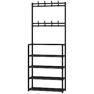 UDEAR 4-Tier Coat and Shoe Rack,Entryway Coat Rack Hallway Bench Storage Organizer with 8 Hooks for Living Room,Bedroom,Office,Black