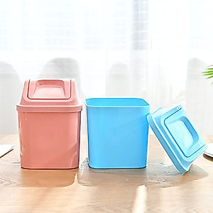 QLFJ-FurDec 2 Pcs Plastic Mini Wastebasket Trash Can with Swing Lid with 4 Rolls of Trash Bags, Tiny Desktop Waste Garbage Bin for Home, Office, Kitchen, Vanity Tabletop, Bedroom, Bathroom(Blue + Purple)