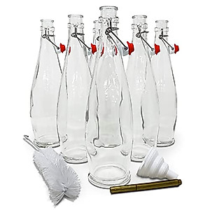 Nevlers Set of 6 | 33 Oz Glass Bottle Set with Swing Top Stoppers and Includes Bottle Brush - Funnel and Gold Glass Marker | Swing Top Glass Bottles | Clear Glass Water Bottle