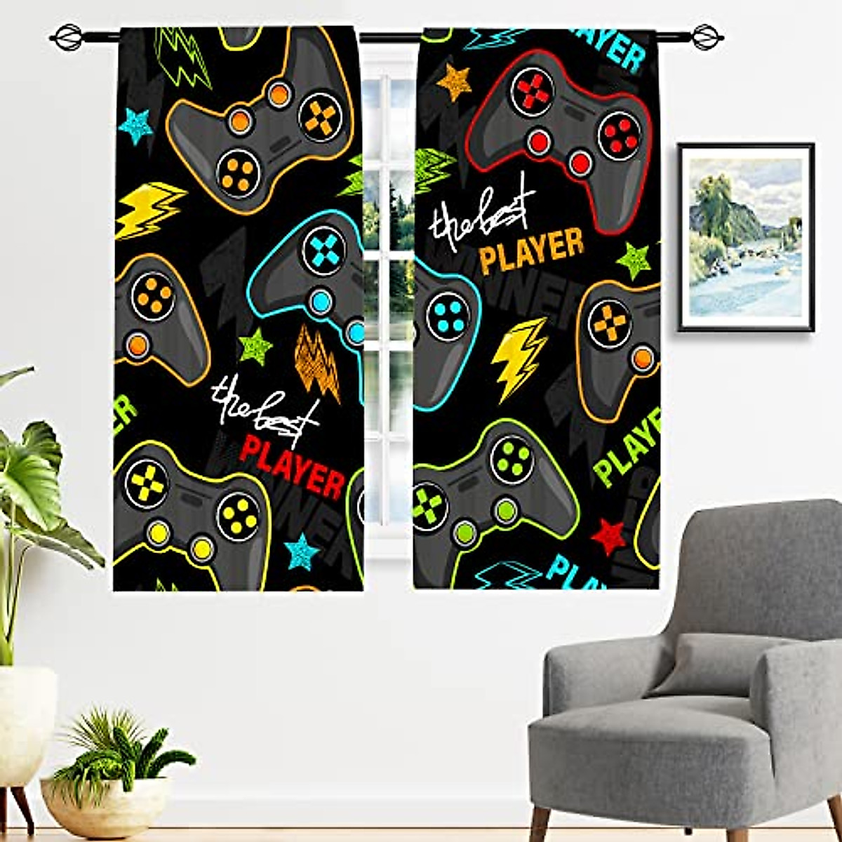 YUANZU Gaming Curtains Rod Pocket Boys Kids Gamer Gamepad Abstract Video Game Player Joystick Print Pattern Window Drapes for Man Teen Youth Nursery Baby Bedroom Playroom W42 x L63 Inch 2 Panels