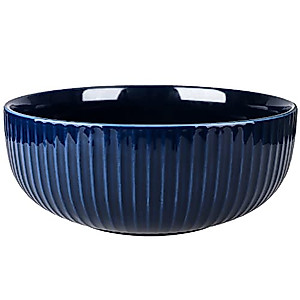 UUEMB Extra Large Salad Bowl, 2800ml Ceramic Fruit Bowl, Stylish Navy Blue Bowl Round Vertical Stripe, Soup Bowl, Serving Bowl for Salad, Fruit, Noodle, Soup(23.5x8.8cm, 95oz)