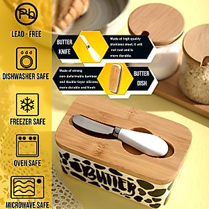 Lumicook Cow Large Butter Dish with Lid, Butter Dish with Lid for Countertop, Ceramic Butter Dish with lid and knife, Butter Keeper Double Silicone Seals, Perfect for 2 Sticks of Butter black