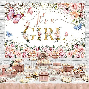 Withu It's a Girl Backdrop for Baby Shower Party Decorations Blush Pink Floral Rose Flowers Butterfly Glitter Gold Dots Photo Booth Banner Photoshoot Photography Background 7x5ft