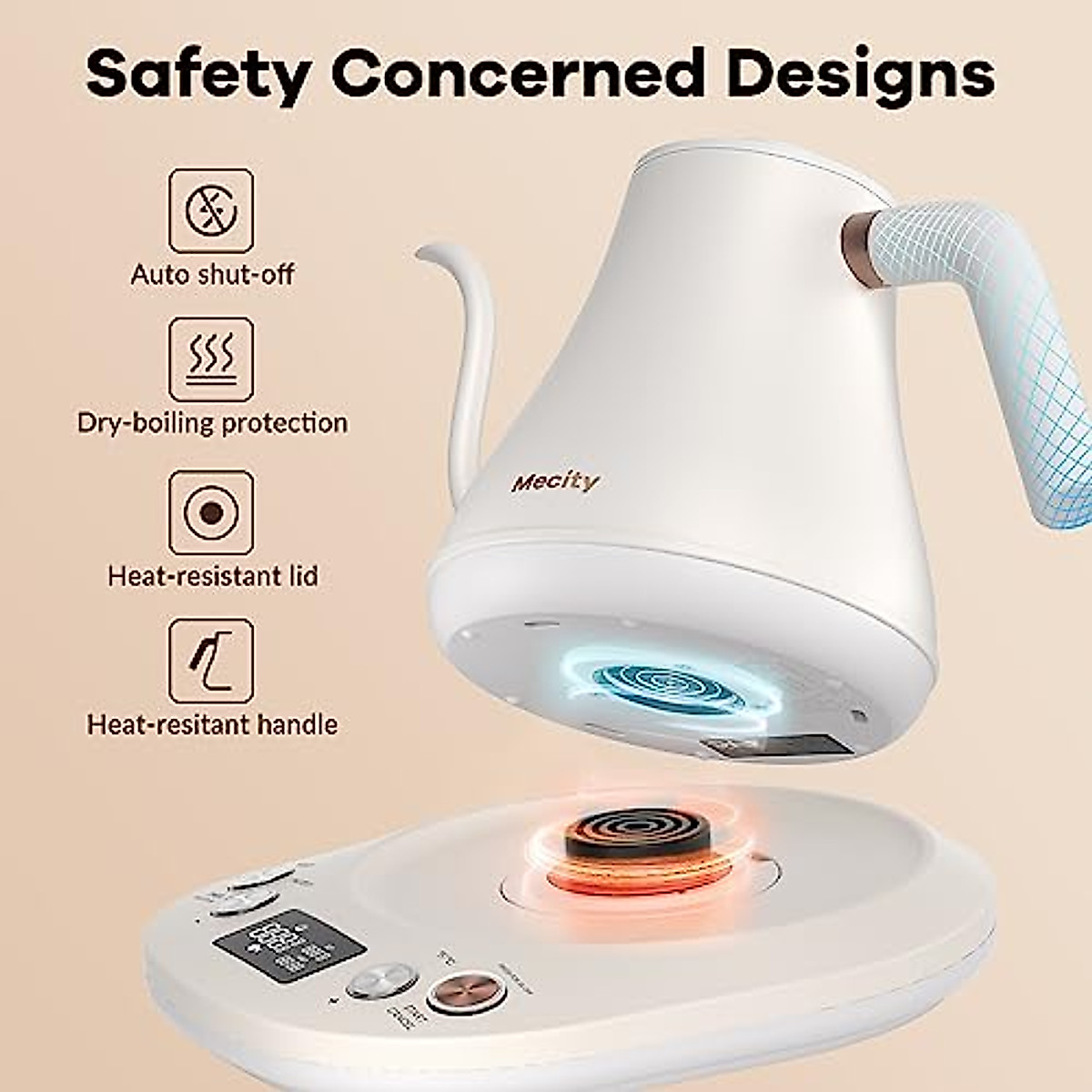 Mecity Electric Gooseneck Kettle With Keep Warm Function & LCD Display Automatic Shut Off Coffee Kettle Temperature Control Pour Over Kettle 1200 Watt, 0.8L, 120V, Milk White