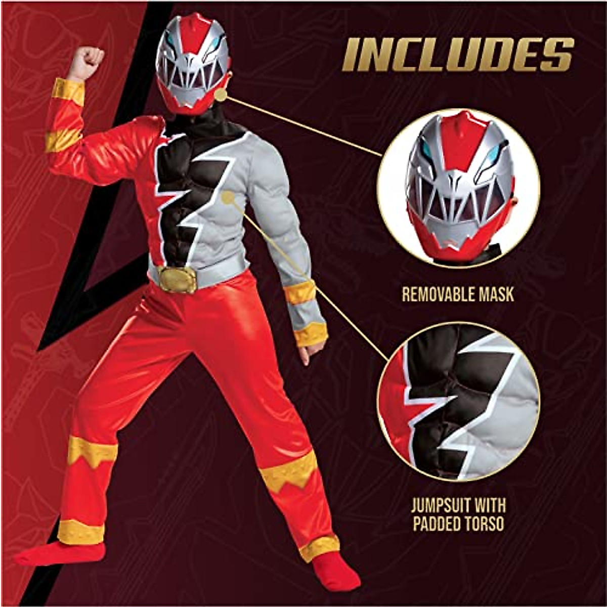 Red Ranger Muscle Costume for Kids, Official Power Rangers Dino Fury Outfit with Mask, Child Size Small (4-6)
