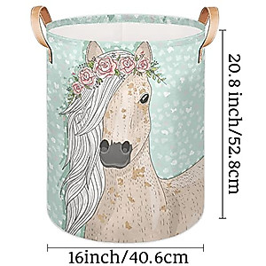 Flower Horse Collapsible Laundry Basket Hamper Portable Waterproof Canvas Clothes Basket Toy Storage Baskets Bin with Durable Leather Handle for Bedroom Clothes Bathroom College Dorm