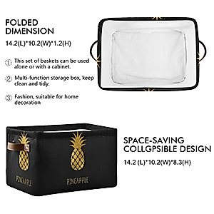 ALAZA Gold Pineapple Black Large Storage Baskets with Handles Foldable Decorative 2 Pack Storage Bins Boxes for Organizing Living Room Shelves Office Closet Clothes