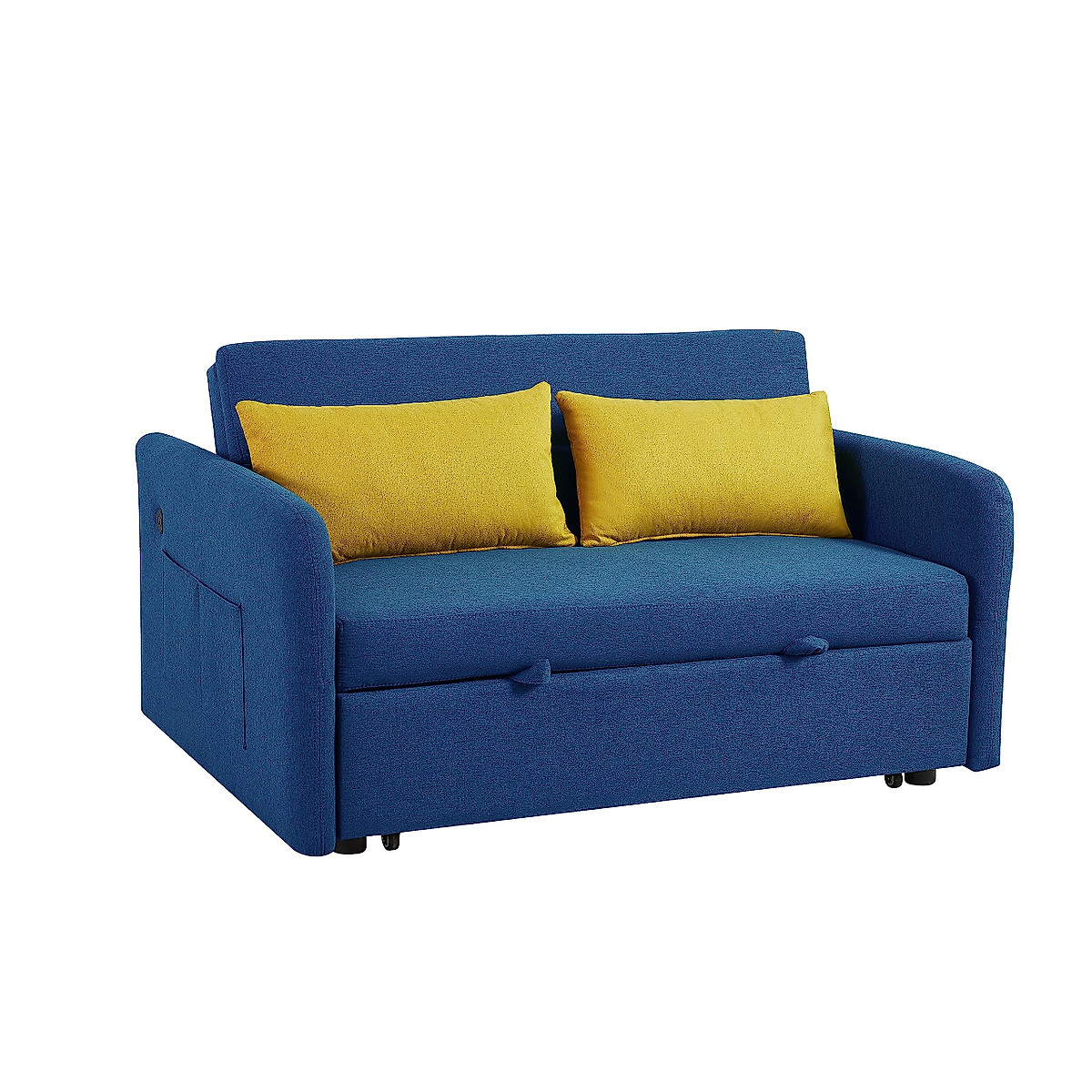 Bellemave Pull Out Sofa Bed Convertible Loveseat Sleeper Sofa with USB Charging Port & Arm Pocket, Modern Adjustable Sofa Bed with 2 Pillows, for Living Room, Apartment, Blue Yellow