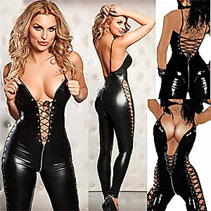 SMGZC, Womens Sexy Catsuit Sleeveless Zip Nightclub Jumpsuit Sexual Lingerie Latex Sexy Leather Jumpsuit (M), Black, Medium