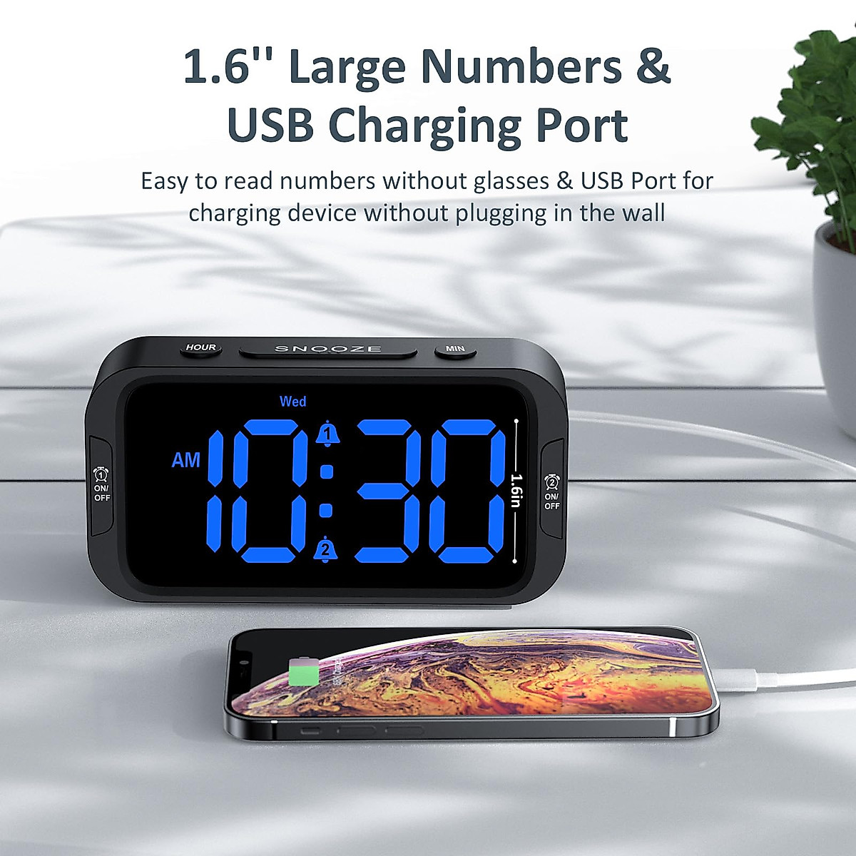 Odokee Digital Dual Alarm Clock for Bedroom, Easy to Set, 0-100% Dimmer, USB Charger, 5 Sounds Adjustable Volume, Weekday/Weekend Mode, Snooze, 12/24Hr, Battery Backup, Compact Clock for Bedside(Blue)