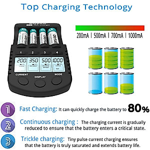 Dlypow Multifunction Batteries Charger for Ni-MH/CD AA AAA Rechargeable Batteries Charger, Smart Charger(Charge,Discharge,Refresh,Capacity Test Function), LCD Display USB Input