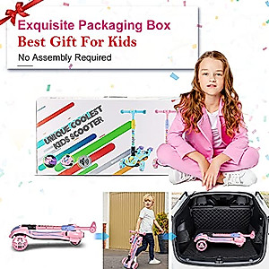 3 Wheel Scooter for Kids, Toddler Scooter with Bluetooth Music Speaker Steam Sprayer LED Lights Aluminum Alloy T-Bar, Folding 3 Wheel Scooter for Boys Girls Ages 3-10 (Pink)