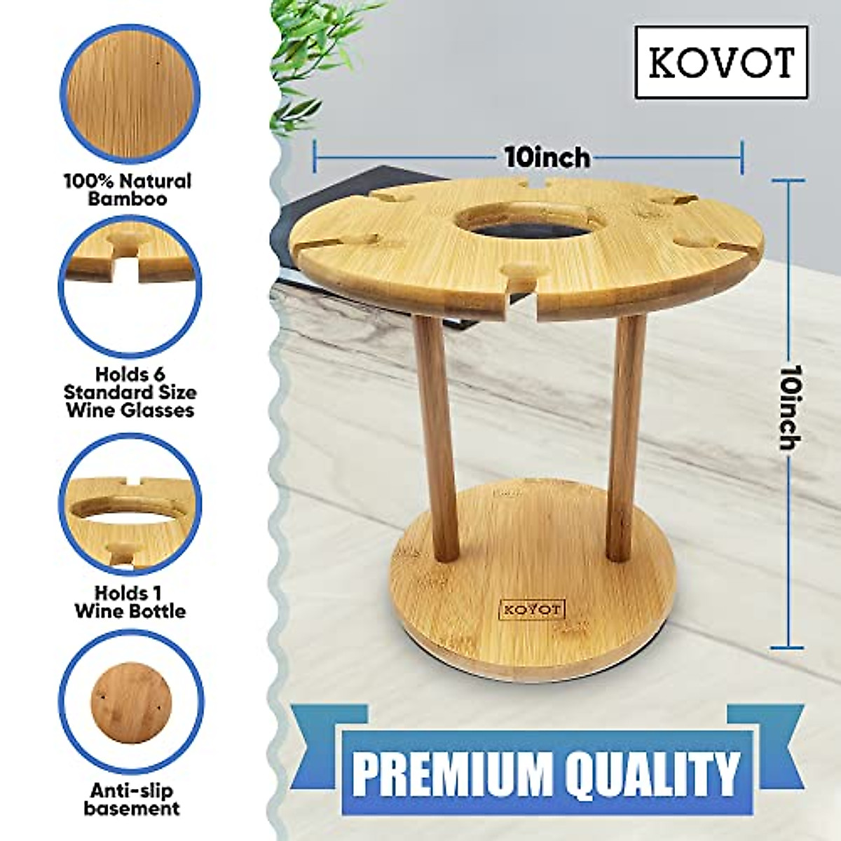 KOVOT Bamboo Countertop Wine Glass Rack – Holds 6 Stemmed Wine Glasses and 1 Wine Bottle – Durable and Reliable Tabletop Centerpiece – Simple But Stylish Wine Glass Holder – Perfect for Home & Bars.