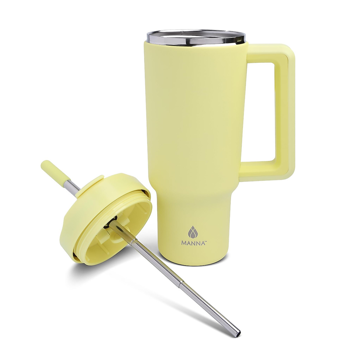 Manna Stainless Steel Double Wall Insulated Tumbler with Smart Seal Dual Sip Lid and Straw Fit Handle - 40 Oz - Yellow Powder Coat