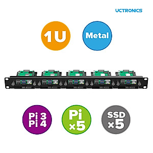 UCTRONICS 19" 1U Rackmount for Raspberry Pi, SSD Bracket for Any 2.5" SSDs, Hold Up to 5 Raspberry Pi 5/4B Boards, Front-Removable with Captive Screws