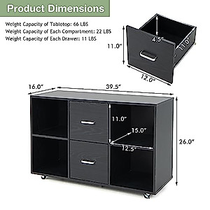 IFANNY 2 Drawer File Cabinet, Lateral Filing Cabinet with Shelves & Wheels, Black Buffet Sideboard, Rolling Storage Cabinet, Wood Cabinets for Home Office, Dining Living Room, Kitchen, Bedroom