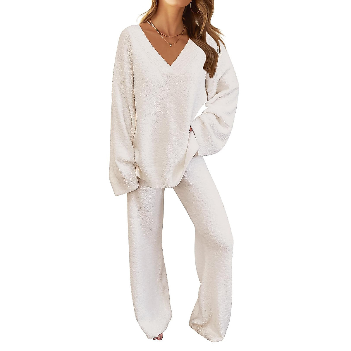 MEROKEETY Women's 2 Piece Outfits Fuzzy Fleece Pajama Set Long Sleeve Top Wide Leg Pants Loungewear,Beige,M
