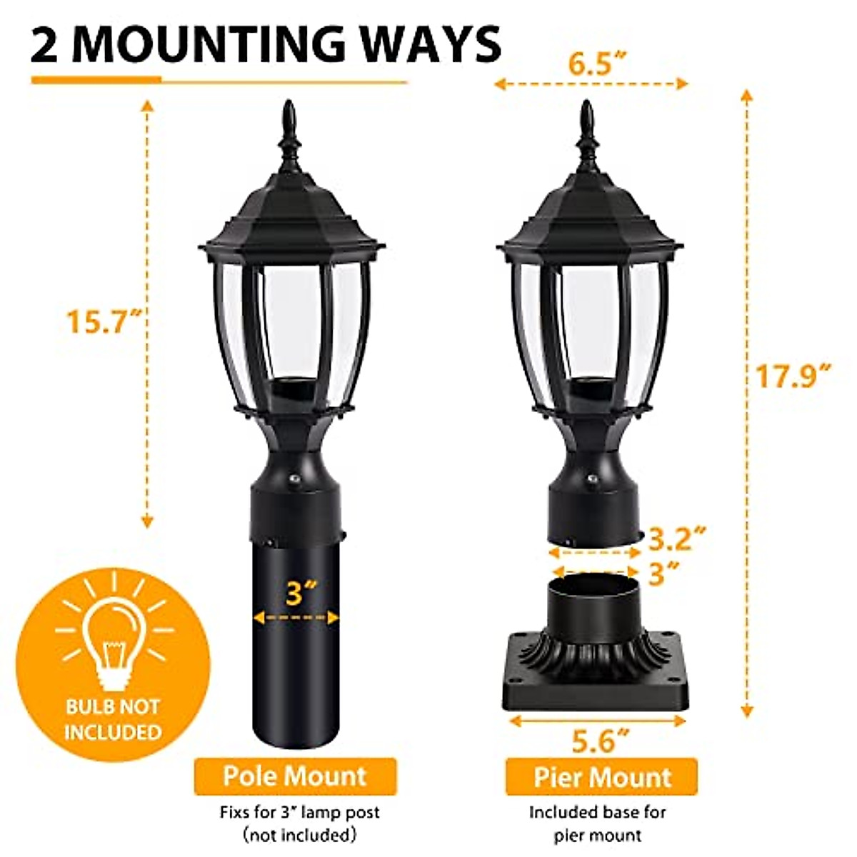 Dusk to Dawn Outdoor Post Lights Hardwired 120V, Aluminum Outside Post Lantern with Pier Mount, Exterior Lamp Pole Lantern Head with Clear Glass, Matte Black Post Light for Patio,Garden,Walkway
