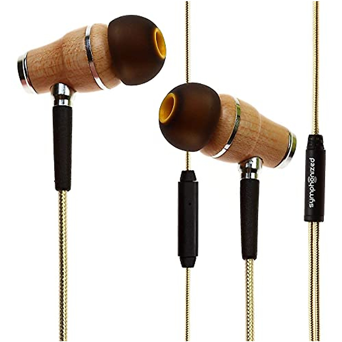 Symphonized NRG 2.0 Wood Earbuds Wired, in Ear Headphones with Microphone for Computer & Laptop, Noise Isolating Earphones for Cell Phone, Ear Buds with Booming Bass (Gold)