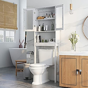 Giantex Over The Toilet Storage Cabinet, Freestanding Bathroom Cabinet w/ 2 Frosted Glass Doors, Inner 3-Position Adjustable Shelf, Open Storage Shelf, Bathroom Organizer & Space Saver, White