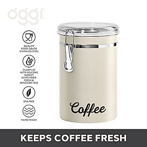 Oggi Stainless Steel Coffee Canister 62oz - Airtight Clamp Lid, Warm Gray, Tinted See-Thru Top - Ideal for Coffee Bean Storage, Ground Coffee Storage, Kitchen Storage, Pantry Storage. 5 x 7.5