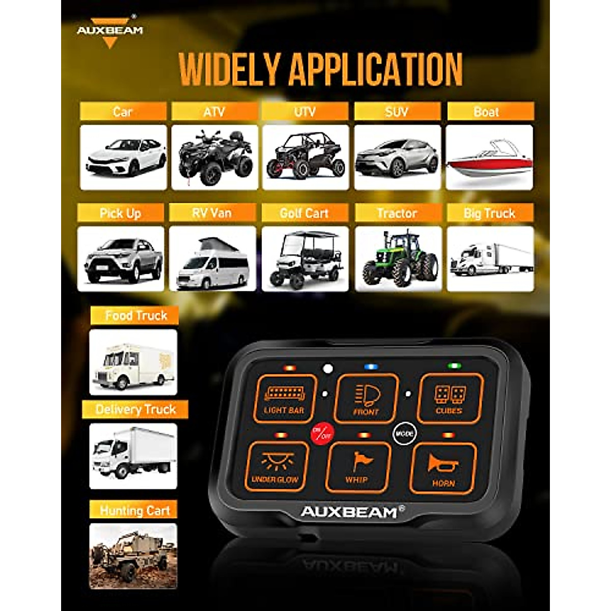 Auxbeam 6 Gang Switch Panel Bluetooth RGB AR-600 120Pcs 1" Larger DIY Decals for Car RV Camper Van Truck Marine Boat