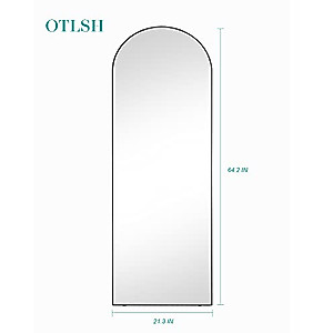 Otlsh Full Length Mirror, 64.2"×21.3" Arched Floor Mirror with Stand, Standing Mirror, Full Body Mirror, Large Mirror, Arched Wall Mirror, Freestanding, Wood Frame - Black