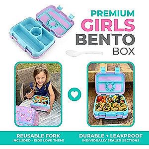 Kids Bento Lunch Box, Meal Prep Containers: Reusable, Leakproof Container Lunch Boxes For Kids & Adults Lunches, 4 Compartment - School, Daycare, Portion Control Container Utensils Purple Rainbow