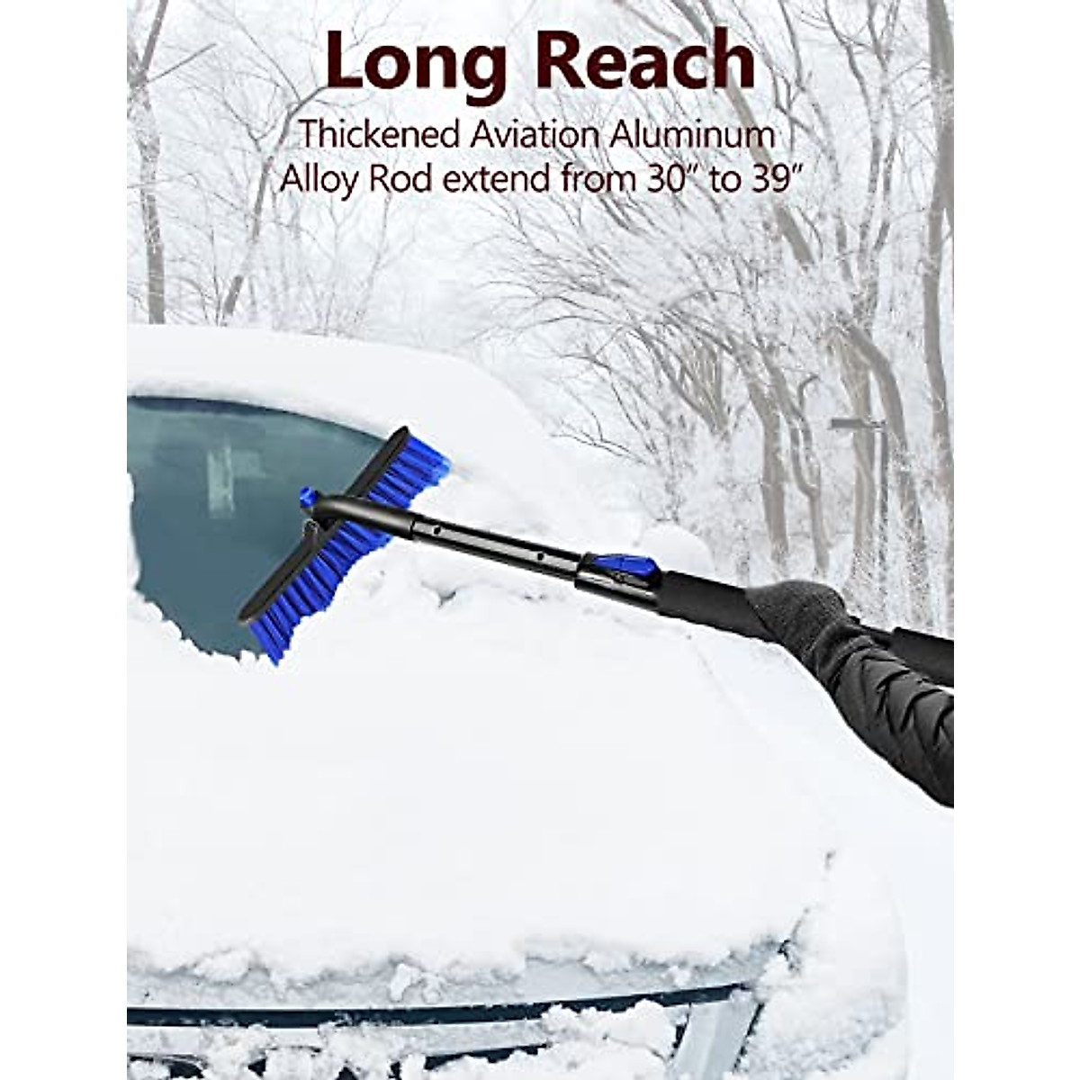 auccutro 44'' Snow Brush Ice Scraper for Car Windshield, Extendable Snow Removal Tool Car Brush with Comfortable Foam Grip and Sturdy Aluminum Handle for Car, Truck, SUV