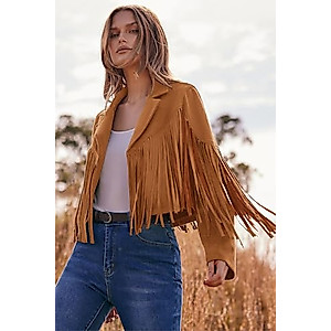 PRETTYGARDEN Women's Fringe Faux Suede Leather Jackets 2023 Fashion Tassel Motorcycle Cropped Coats (Brown Yellow,Small)