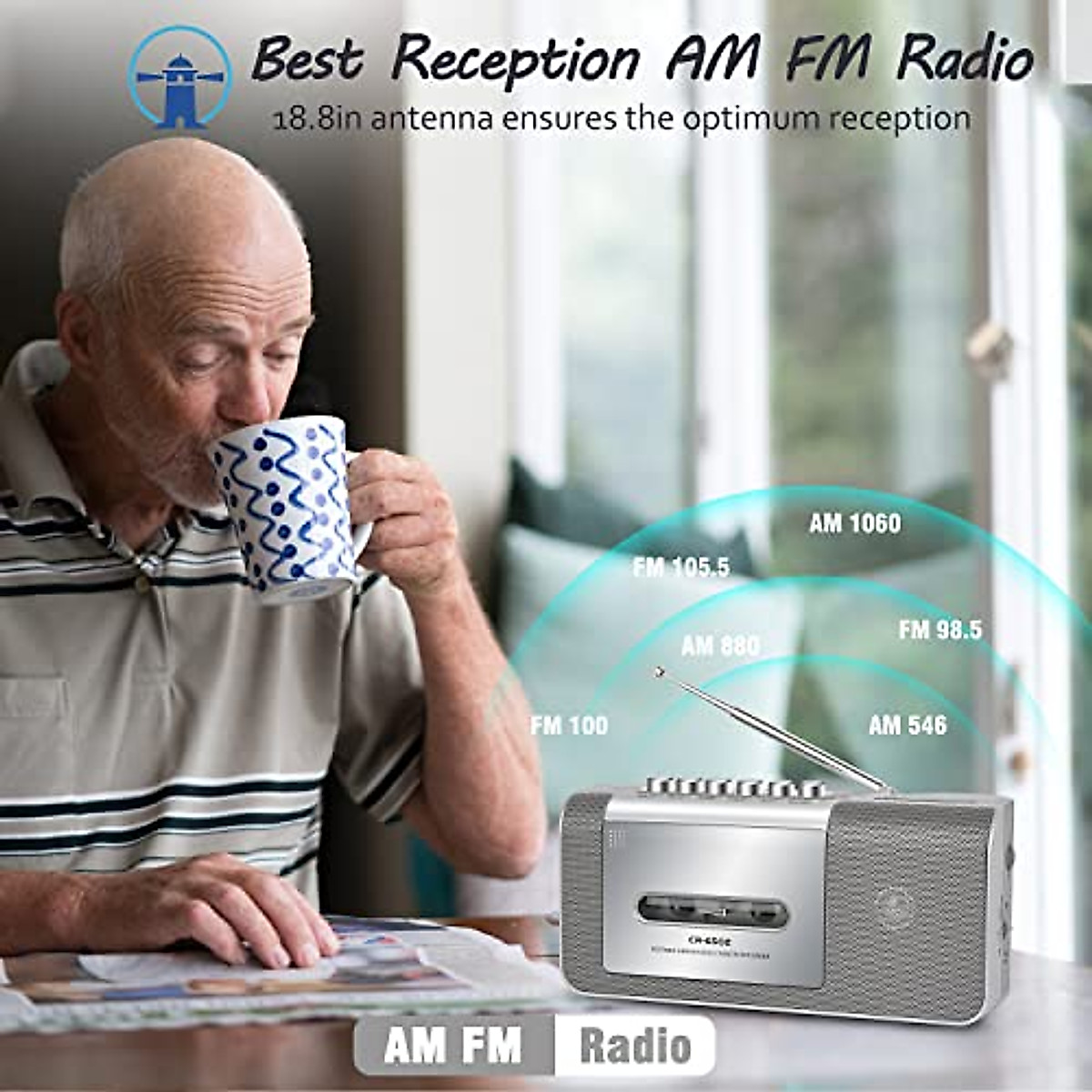 Portable Cassette Recorder Player:Retro Cassette Tape Player with AM FM, Vintage Cassette Player with Big Speaker,Headphone Jack,Powered by 4AA Batteries,AC Charge for Study,Gift to Parents