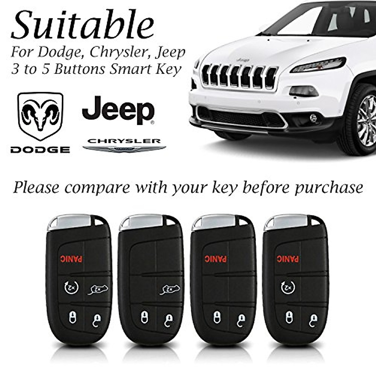 Vitodeco Genuine Leather Smart Key Keyless Remote Entry Fob Case Cover with Key Chain for JEEP, Dodge, Chrysler (5 Buttons, Black/Red)