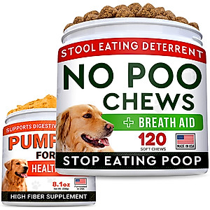 No Poo + Pumpkin for Dogs Bundle - Coprophagia Stool Eating Deterrent + Upset Stomach - Probiotics&Digestive Enzymes + Pure Pumpkin Powder - Stop Eating Poop + Digestion - 120ct + 8.1oz - Made in USA