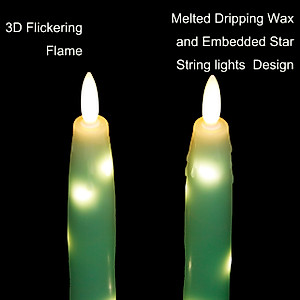 HVTDECOR Flameless Flickering Taper Candles Battery Operated with Embedded String Lights, wtih Timer and Remote, LED Real Wax Tapered Dinner Candle Set of 2 (Green)