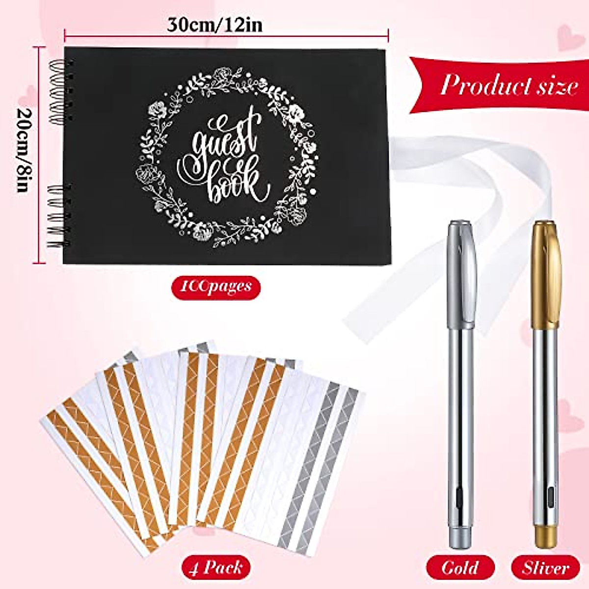 Wedding Guest Book 12 x 8 Inch Hard Cover Photo Album Sign in Registry Guestbook Scrapbook with Silver Foil Gilded Edges Ribbons 100 Pages Black Hardbound Book with 2 Pens 4 Photo Corners for Wedding