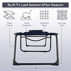 Lavish Home Lounge Chair Outdoor Furniture - 3 Position Adjustable Beach Chair - Folding Chair with Pocket and Pillow - Patio Furniture (Navy)