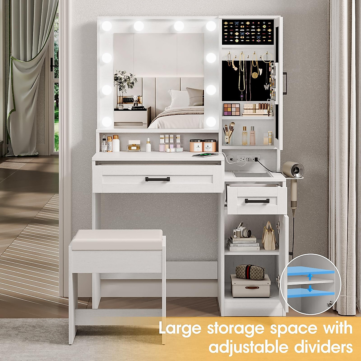 Fameill Vanity Desk with Mirror and Lights,Make up Vanity with Chair and Outlet,Dressing Table with Jewelry Cabinet, Bedroom Vanity with 2 Drawers, 3 Lighting Colors,36.4 inch,White