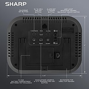 Sharp Atomic Digital Alarm Clock, Battery Operated Self-Setting Digital Wall or Desk Clock, Easy to Read Color Display Nightlight with Indoor Temperature and Calendar