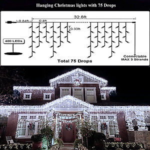 KiflyTooin Led Christmas Lights Outdoor Christmas Decorations Hanging Lights 400LED 8 Modes 75 Drops, Outdoor Indoor Fairy String Lights for Christmas Party, Holiday, Wedding Decorations (Cool White)