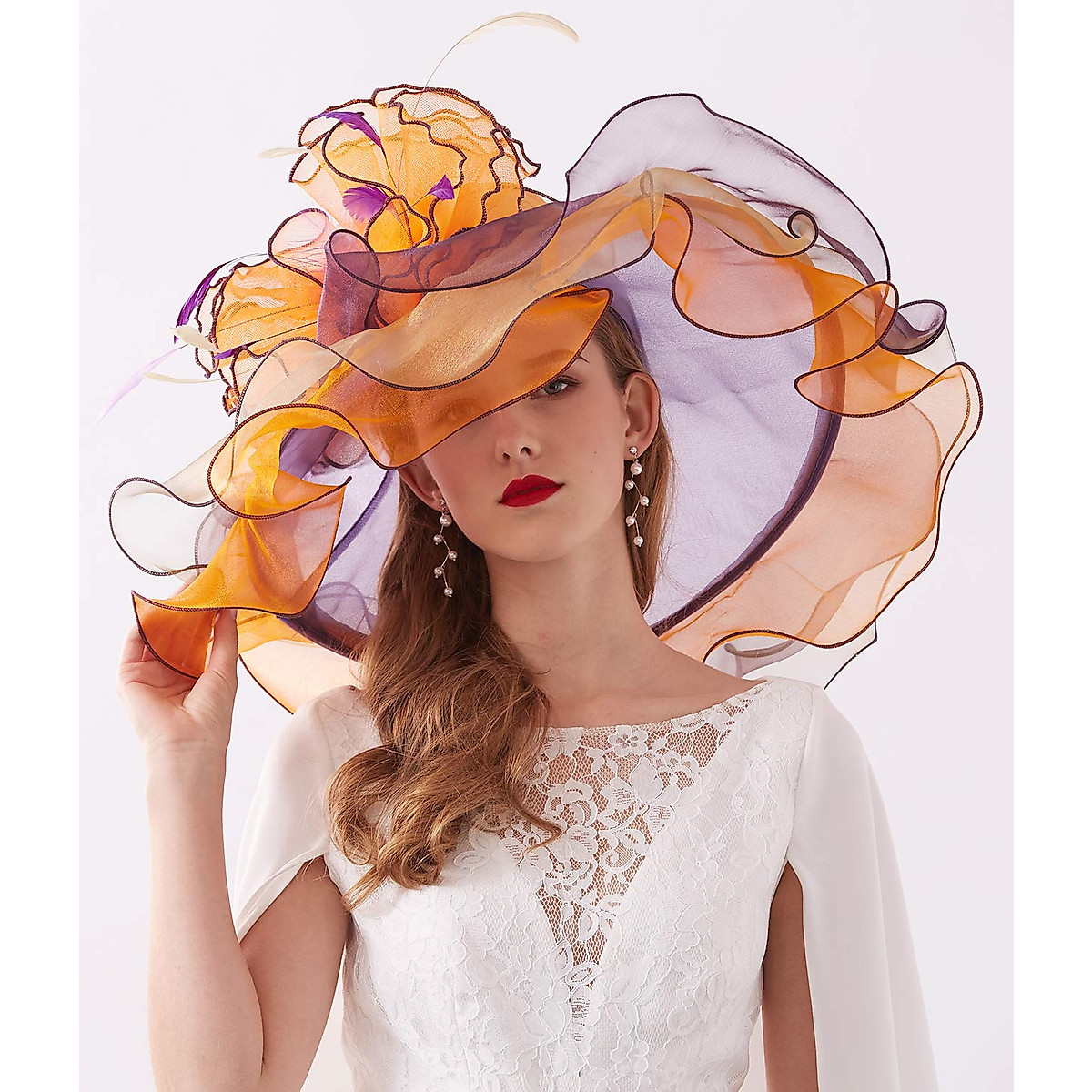 ORIDOOR Women Organza Fascinator Church Kentucky Derby Hat Floral Tea Party Wedding Hat, 003a Orange, One Size