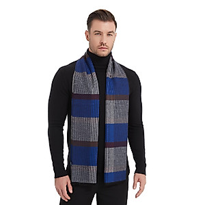 EP Mode Men's Winter Scarf, Cashmere Feel, Super Soft & Warm (Plaid Blue Grey)