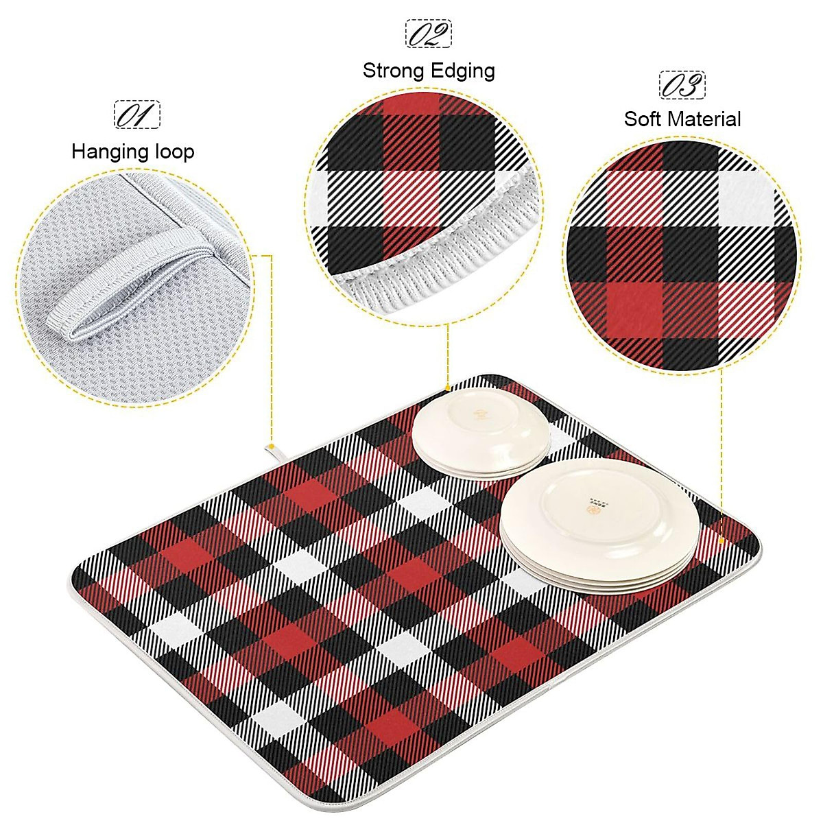 Christmas Buffalo Plaid Tartan Check Scotland Black Red Dish Drying Mat Medium Dish Draining Mat For Kitchen Counter Dry Matt For Dishes Absorbent Mat XL Drying Mat For Dishes 18 x 24 Inches